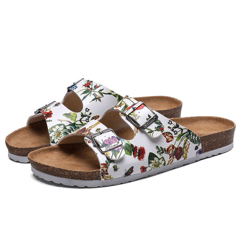 Wholesale summer fashion Floral light Breathable cork beach casual shoes women flat sandals cloud slides slippers
