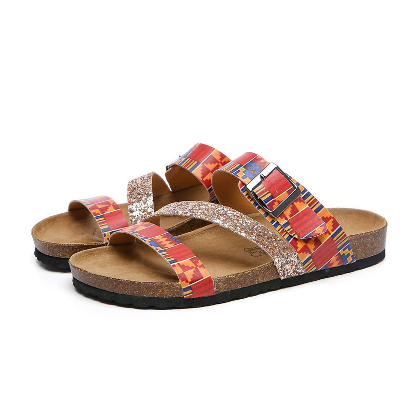 Women's Comfort Slides Adjustable Buckle PU Flat Sandals Cork Arch Support shoes bed Slides Sandals in stock