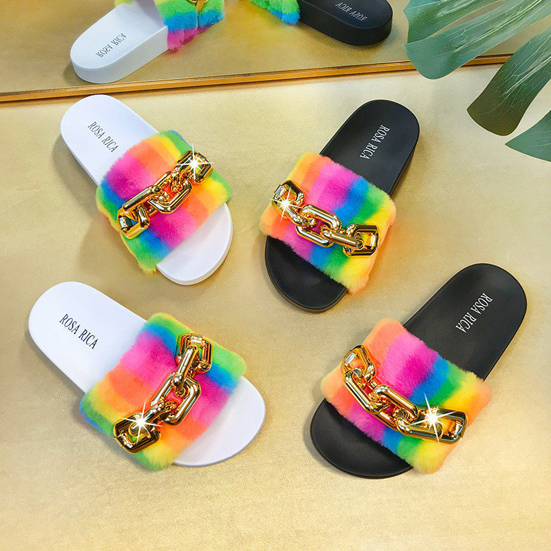 Women new Casual Fashion outdoor sandals Rainbow Plush Chain upper Flat non-slip Slippers For Ladies 2022