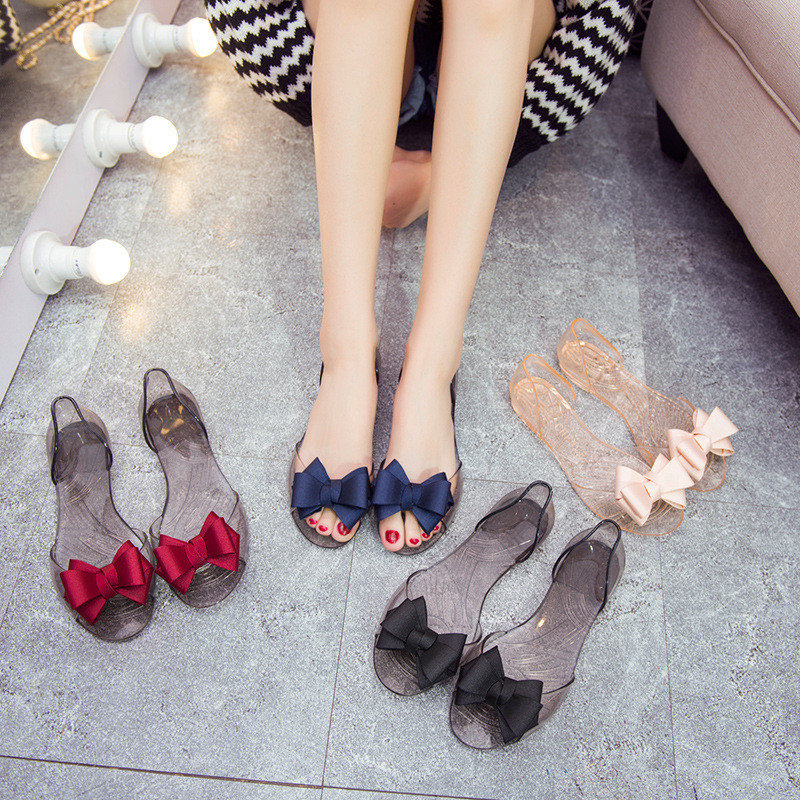 Best Selling Ladies New Bowknot flat Sandals Fashion trend Jelly Transparent non-slip slippers for women