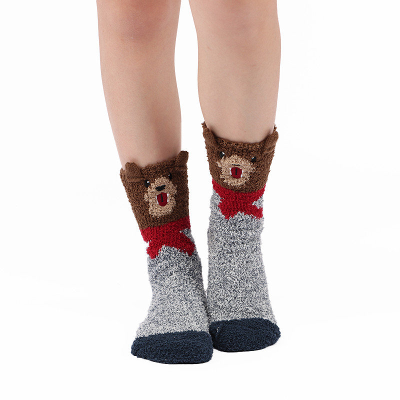 Hot selling fashion house indoor warm soft fuzzy sleep socks with cute small Bear pattern women cozy slippers sock sherpa socks