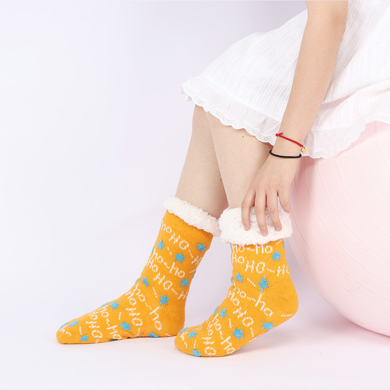 custom wholesale Women's Winter fluffy fur Lined Thermal Slipper Socks Home floor Socks Anti-slip sole sherpa designer socks