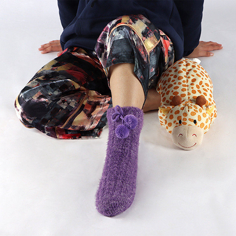 Factory price high quality plush ball decoration women Socks Non-slip Warm fashion solid color winter designer Socks in stock