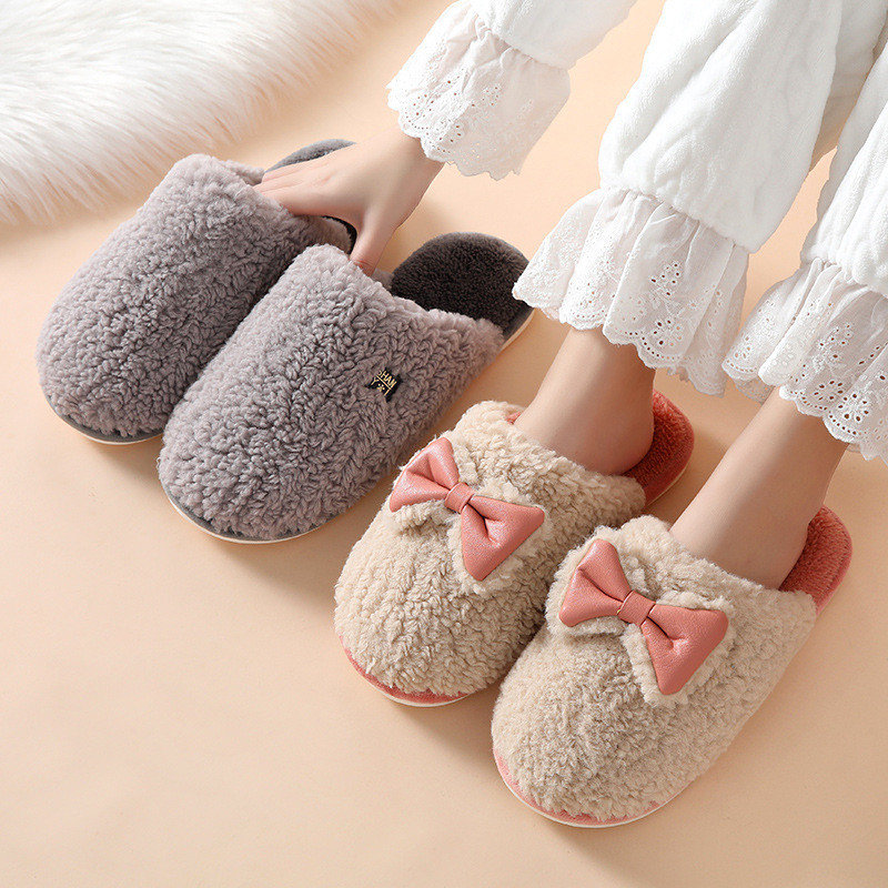 Wholesale Hairy slippers autumn winter couple warm soft plush cute bowknot female non-slip bedroom shoes