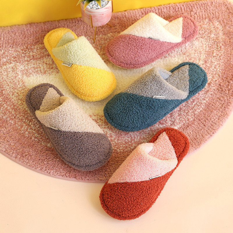 Winter 2021 new fashion stitching color home slippers non-slip warm couple soft plush house shoes women