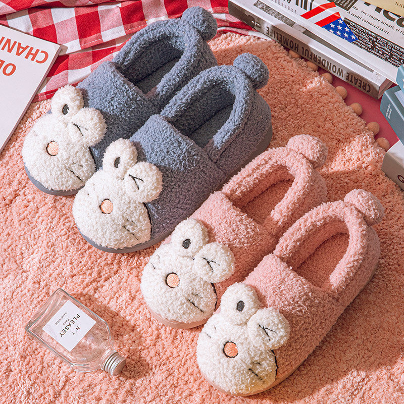 Men Autumn Winter Closed Toe Plush Warm Home Indoor Slippers Women Cartoon Doraemon Shape TPR Non-Slip House Shoes