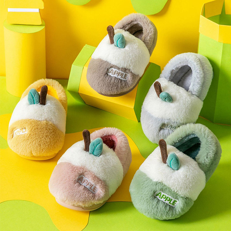 Custom Children Slippers Girls Autumn Winter Home Indoor Shoes Boys Warm Non-Slip Cartoon Apple Shape Baby Slippers