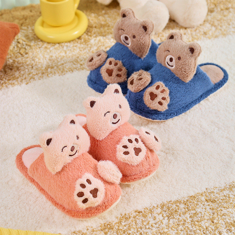 2021 New Design Winter Cartoon Bear Couple Slippers Female Cute  Plush Thermal Non-slip Home indoor Shoes