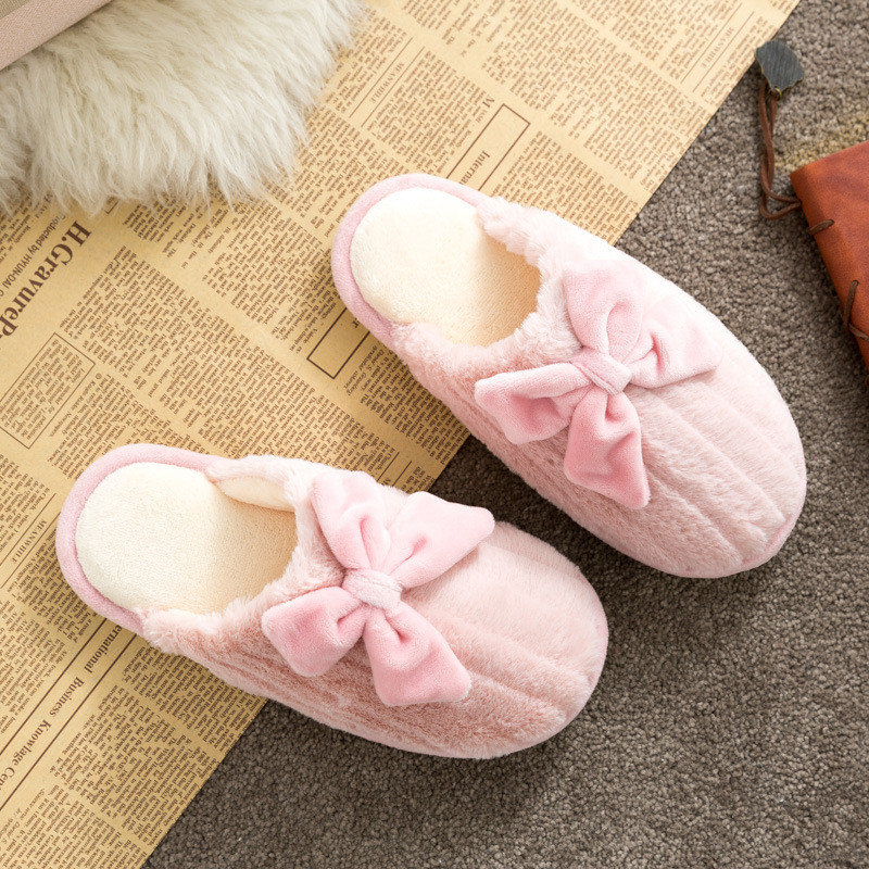 Wholesale autumn and winter explosion models bow thickened warm plush slippers non-slip home couple shoes