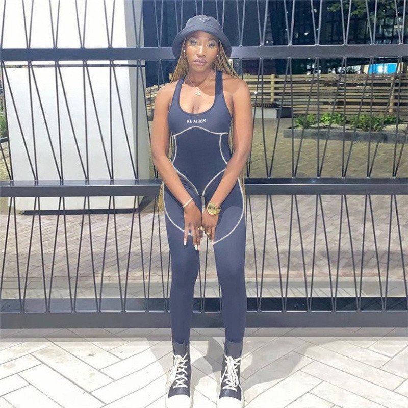 2022 spring new women letter print sexy running backless yoga set high waist tight sports fitness jumpsuit