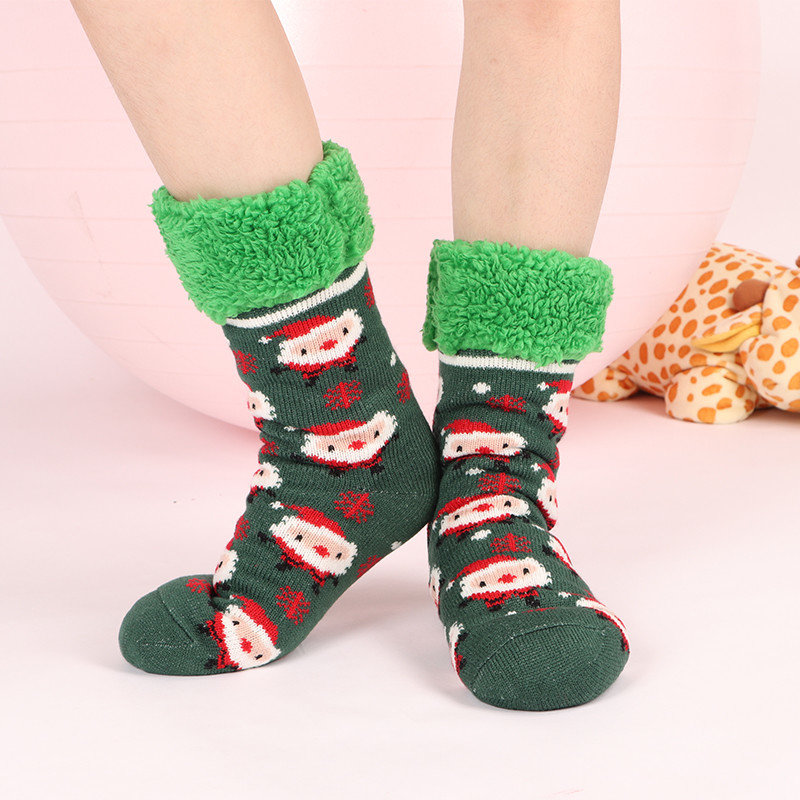 women breathable anti-slip socks polyester green socks with father christmas pattern thick christmas stocking