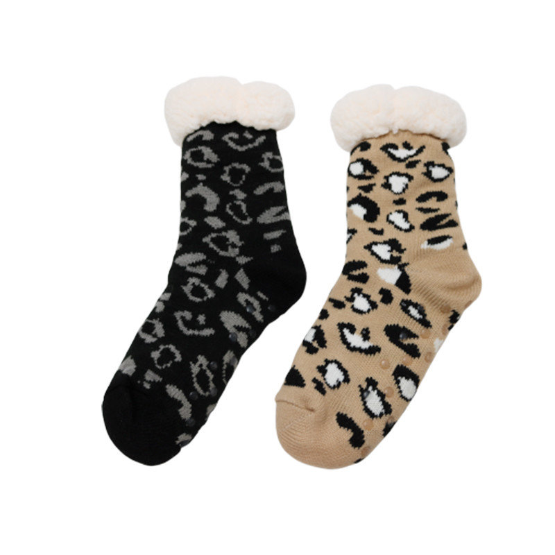Customized Leopard Thick Warm Clouds Fabric Slipper Socks  Fuzzy Fleece Dot Women Slipper Socks