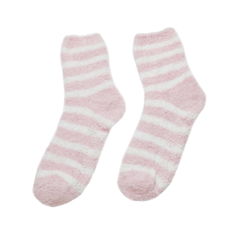 Polyester Ladies Slipper Socks  Pink White Stripes Indoor  Fluffy Warm