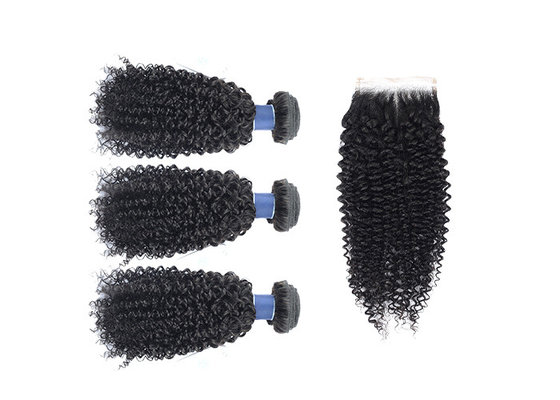 Natural Black Kinky Curly Malaysian Hair Bundles With Lace Closure No Heeding