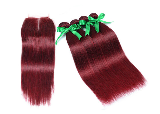 paquetes malasios del pelo del rojo de vino 99j con el pelo 10 de Remy del cierre del cordón 26 pulgadas
