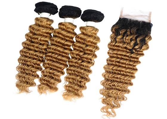 3 paquetes de extensiones profundas del pelo de la onda de la Virgen con el Blonde ligero del cierre 1B27