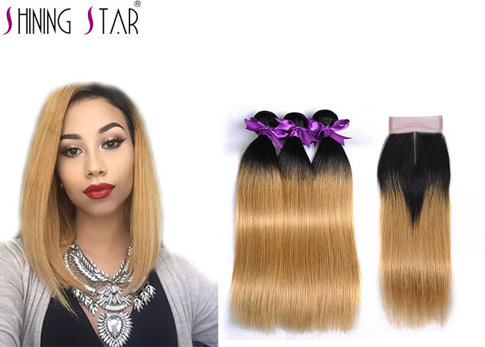 Los paquetes brasileños rectos de las extensiones del pelo del cabello humano 3Pcs de Ombre con el pelo del color 1B27 del cierre tejen