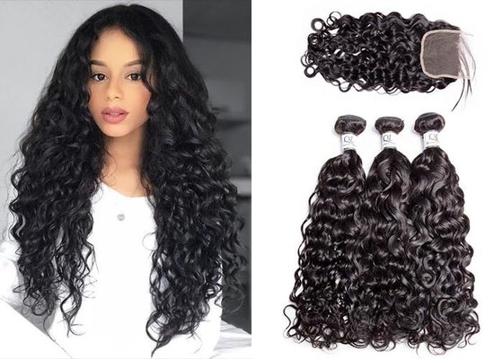 Black 3 Hair Bundles With Closure , Woman Brazilian Virgin Hair Water Wave