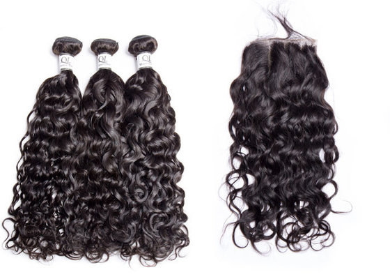 Natural Water Wave Human Hair Weave /  Water Wave Bundles With Closure