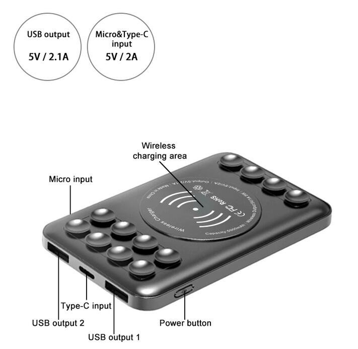 Portable power bank with Qi, sucktion 5,000mah, 5W for iPhone,Samsung supplier
