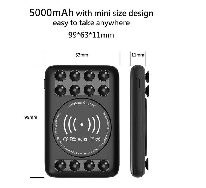 Sucking Wireless power bank with Qi 5W ABS materials, Black with 5000mah supplier