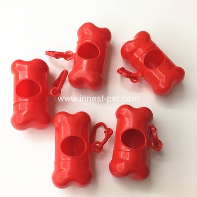 Red color plain PE bags dog poop waste bag on roll and plastic bone shape dispenser