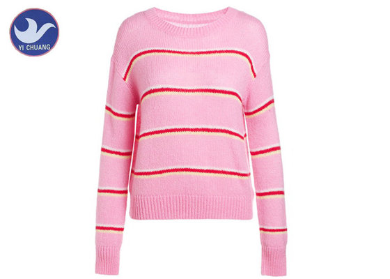 Drop Shoulder Chunky Pink Pullover Sweater , Striped Sweater Womens Woll Mohair Jumper
