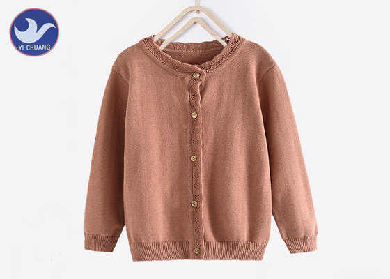 Long Sleeves Girls Cardigan Sweaters Wavy Pointelle Neck Trim Buttons Up Knitwear