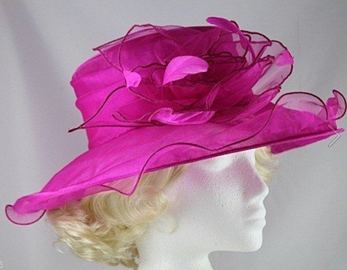Pink Collapsible Occasion Ladies Organza Hats With Medium Brim Sinamay Flower, Feathers