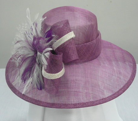 Purple / Ivory Sinamay Ladies Hats Veil And Feather Trim With Big Down Brim