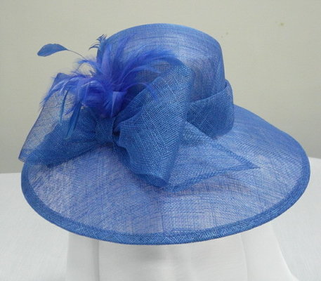 Royal Blue Sinamay Ladies Hats For Church With Sinamay Bow And Feather Trim