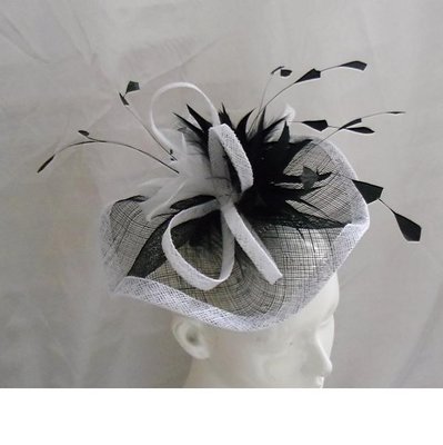 Black / White Ladies Fascinator Hats Feather Trim With 1.3cm Satin Covered Headband