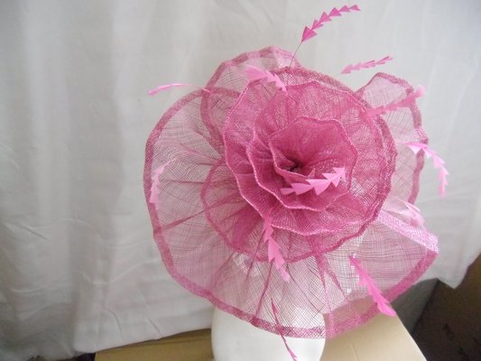 Pink Ladies Fascinator Hats For Wedding Pleated Sinamay With Feather Trim