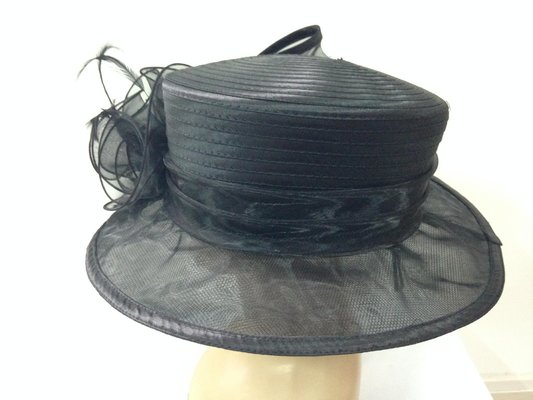 Black Organza Hat Squred Satin Braid Crown And Uneven With Organza Trimming