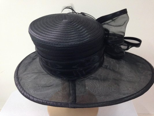 Black Organza Hat Squred Satin Braid Crown And Uneven With Organza Trimming