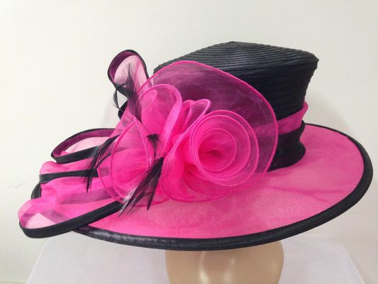 Black / Fuchsia Organza Hat Elastic Band Inside With Organza Trimming For Church