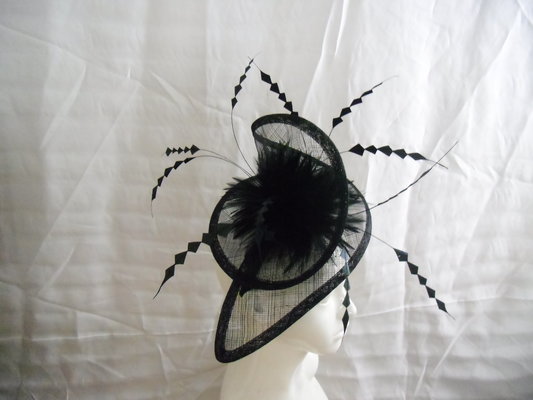Unique Black Ladies Fascinator Hats Feather Trimming , Sinamay