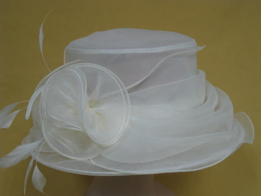 White Fashion Organza Hat, Elegant Ladies Church Hat With Organza Flower for Party