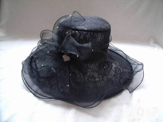 Black Ladies Church Organza Hat With Lace Fabric, Pearl Buckle For Party, Special Occasion