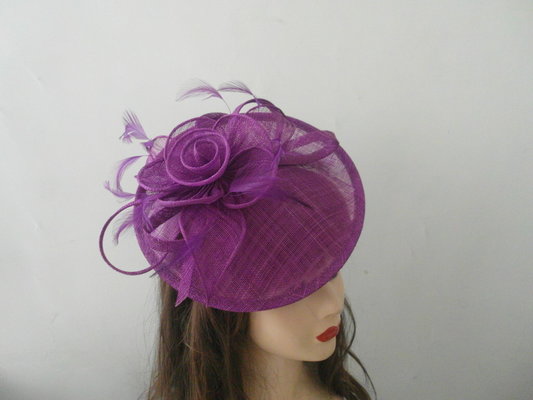 Elegant Medium Sinamay Purple Ladies Fascinator Hats For Dance With Flower Leaves