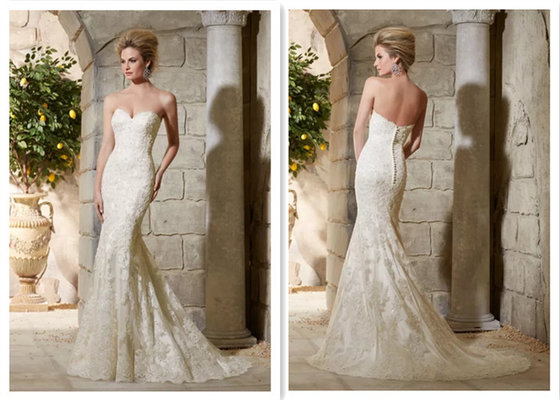 Ladies Comfortable Fit And Flare Wedding Gown With Long Train Handmade Flowers