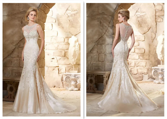 Embroidery Bridal Fit And Flare Wedding Gown With Long Train Customized Size