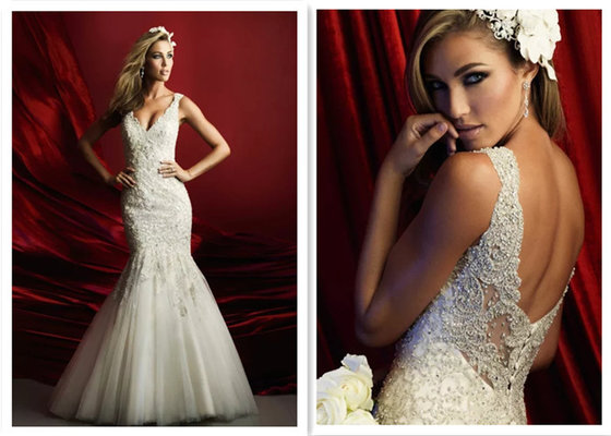 Princess Deep V Neck Mermaid Wedding Dress / See Through Mermaid Bridesmaid Dresses