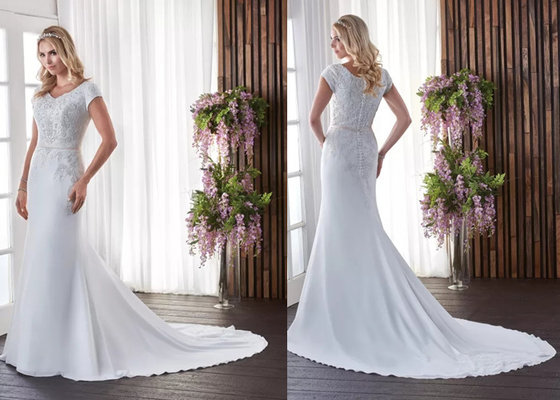 Short Sleeve Sheath Column Wedding Dress Bold No Back Design Color Optional