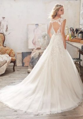 V - Neck A Line Style Wedding Dresses With Appliques Cathedral Train
