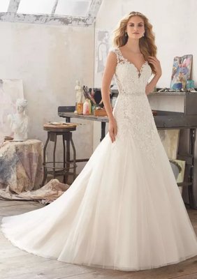 V - Neck A Line Style Wedding Dresses With Appliques Cathedral Train