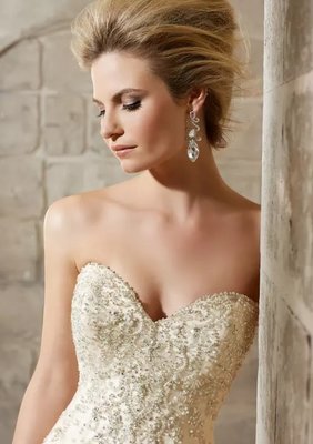 Embroidery Bridal Fit And Flare Wedding Gown With Long Train Customized Size