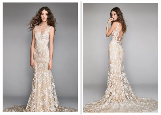 Beaded Champagne Fit And Flare Wedding Dress / Noble Satin Fit And Flare Bridesmaid Dress