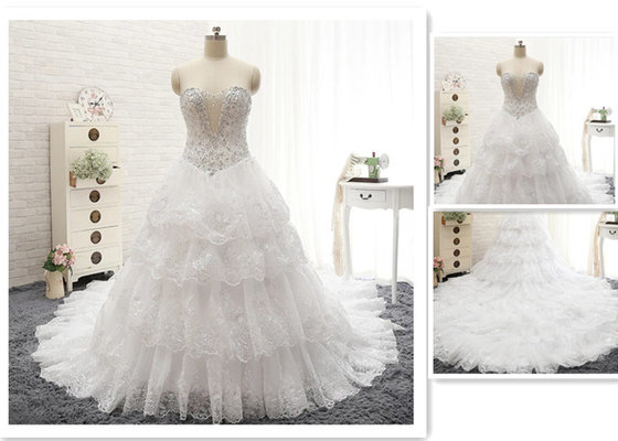 Custom Luxury Ivory Rhinestone Beaded Appliques Sweetheart Ball Gown Tiered Chapel Train Crystal Wedding Dress