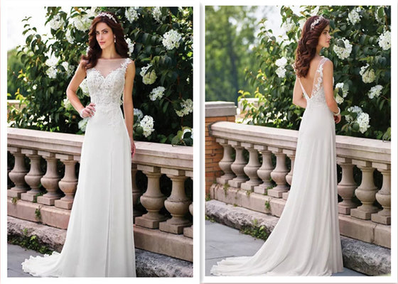 Hand Made Beach A Line Style Wedding Dresses Chiffon Appliqued Cap Sleeve